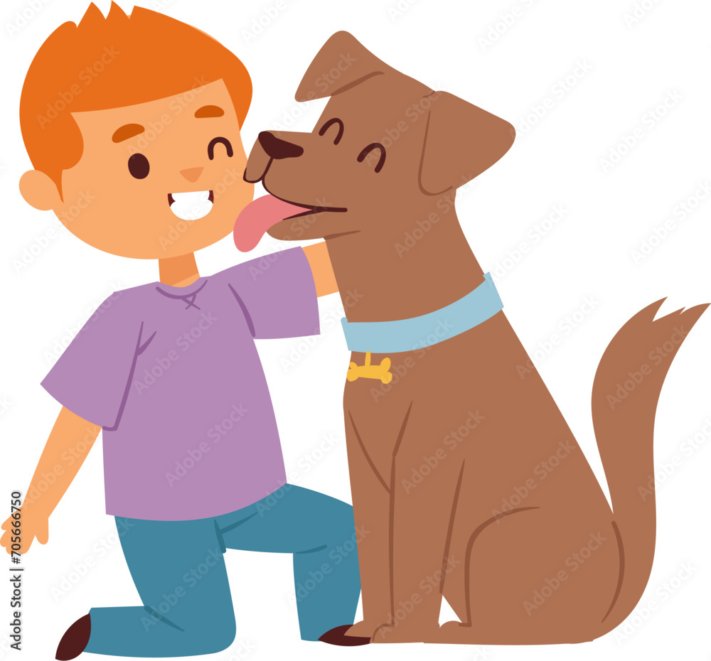 Young boy kneeling beside a brown dog, the dog licking the boy's face ...