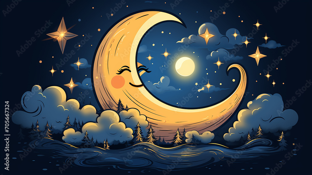 cartoon crescent moon on a blue sky background, art character, good ...