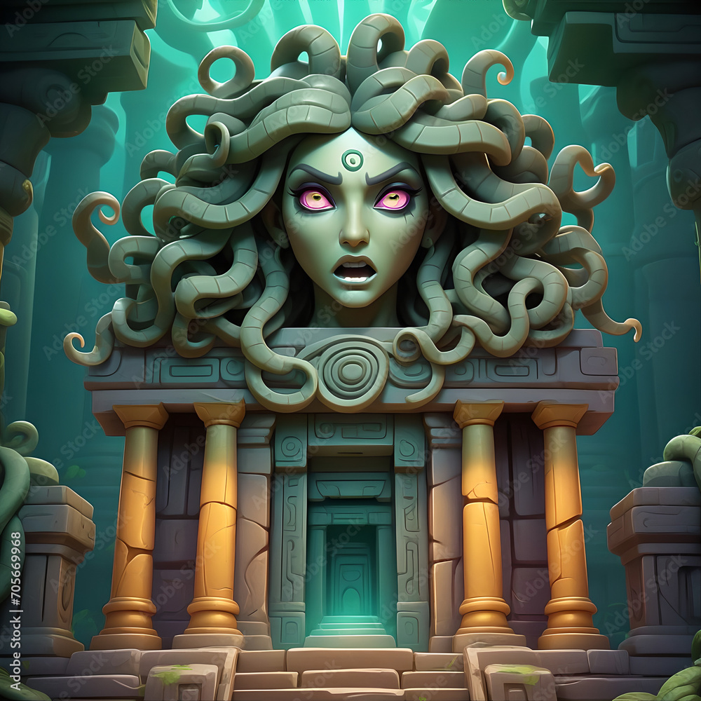 Greek temple illustration. Medusa head on top of ancient stone temple ...