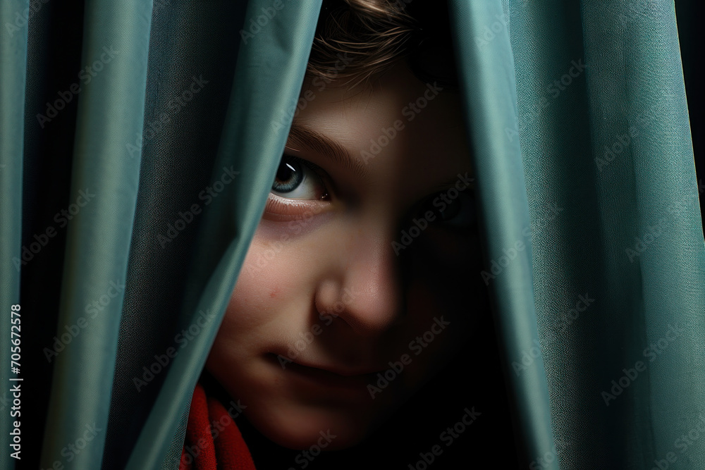 Curious child peeking through curtains, his eye gleaming with innocence ...