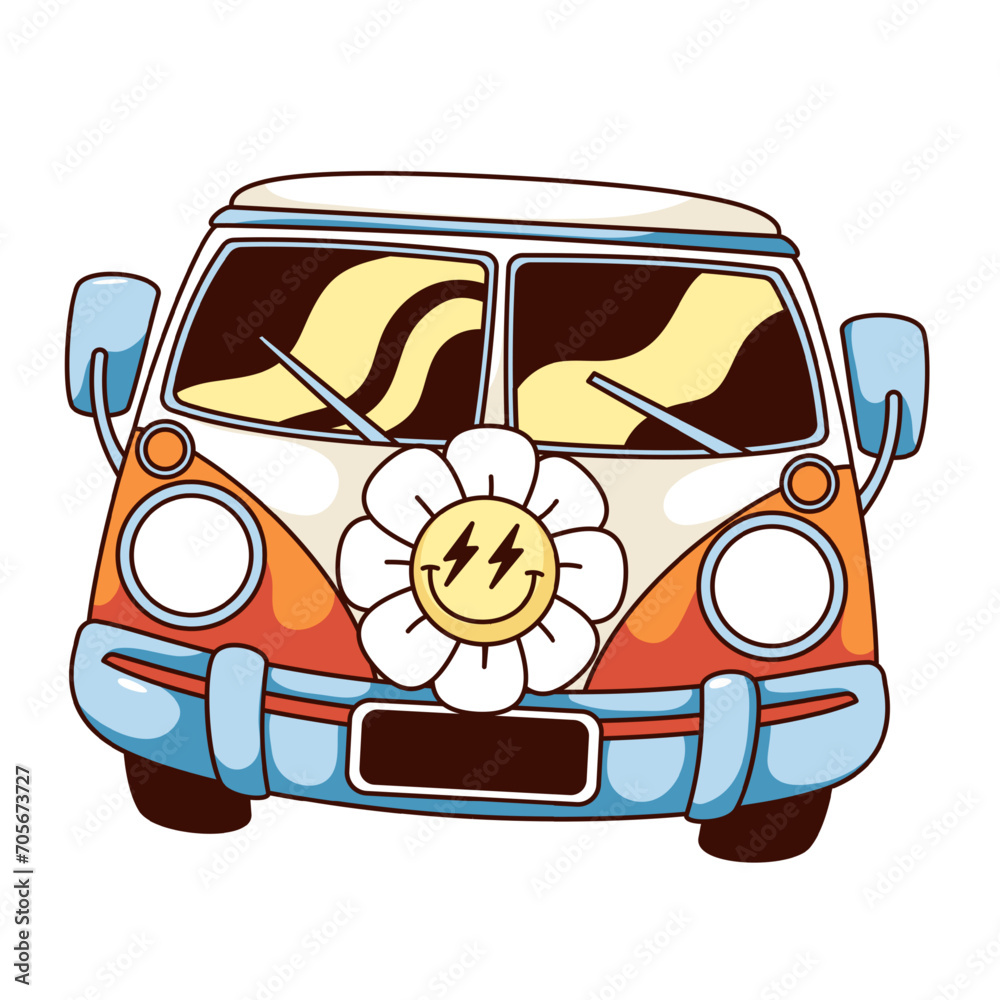 Groovy cartoon hippy van with flower. Funny retro classic car for ...