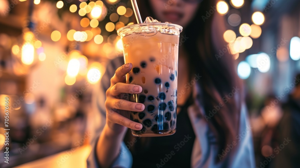 Female hand holding Bubble tea Asian sweet cold tapioca pearls drink ...