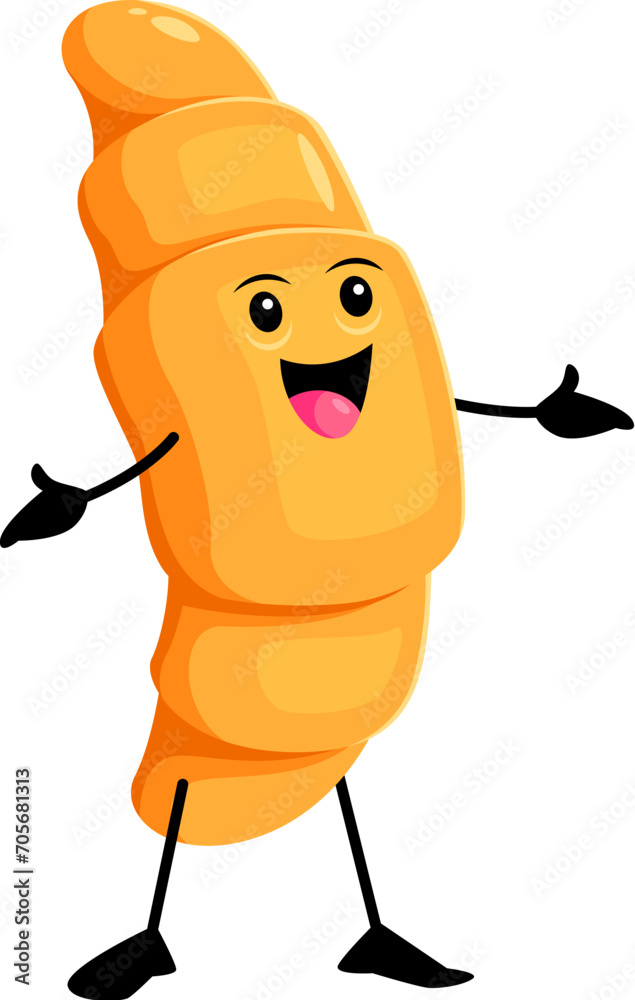 Cartoon cheerful croissant breakfast character. Isolated vector bakery ...