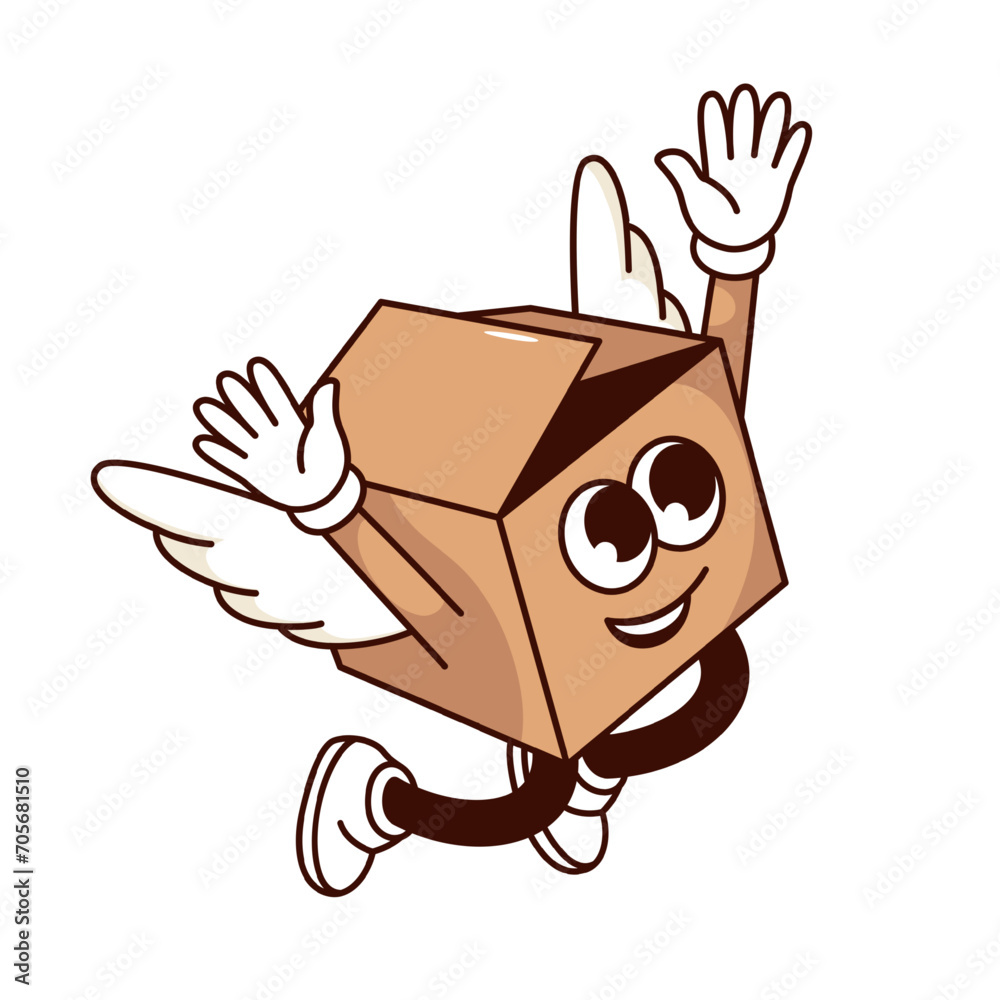 Groovy cardboard box cartoon character flying with wings. Funny retro ...