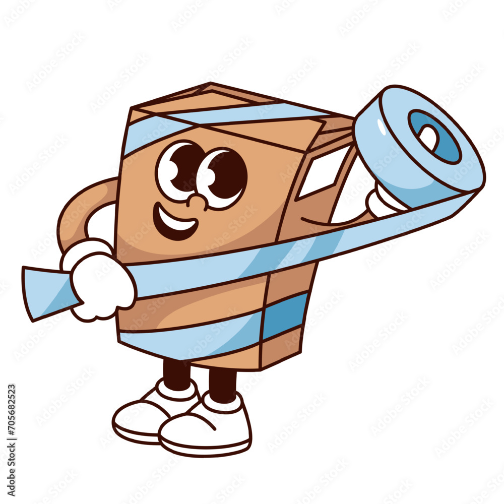 Groovy cardboard box cartoon character wrapped with adhesive tape ...