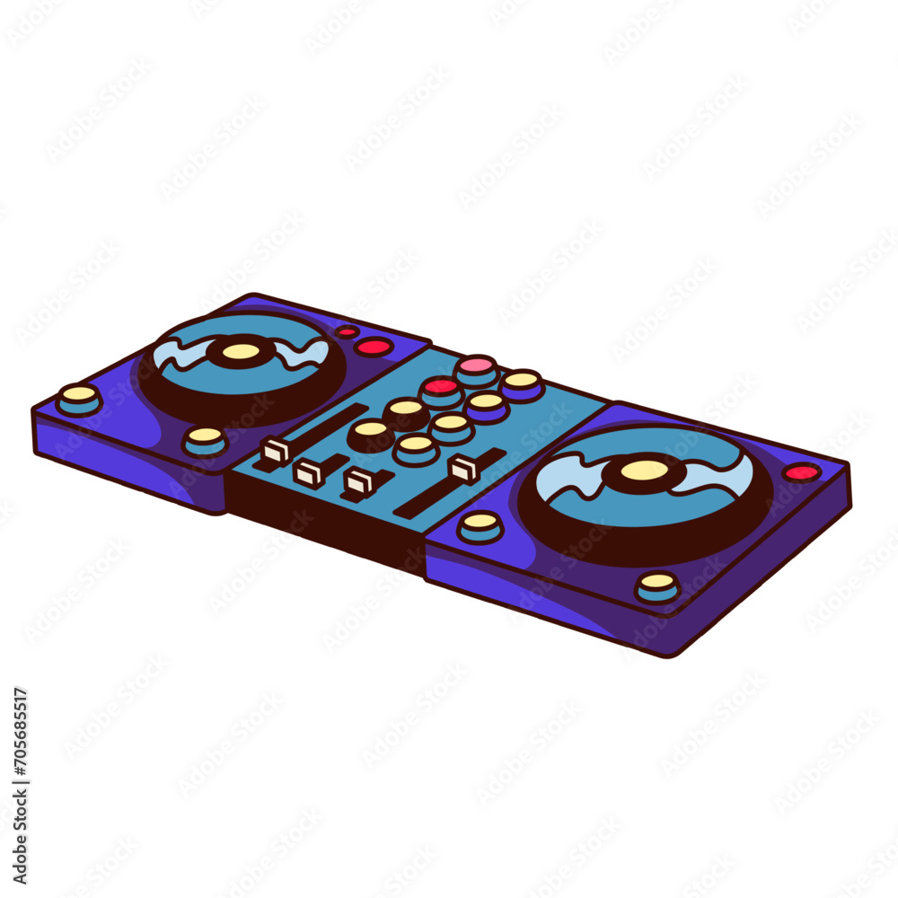 Groovy cartoon DJ player of vinyl records. Funny retro double ...