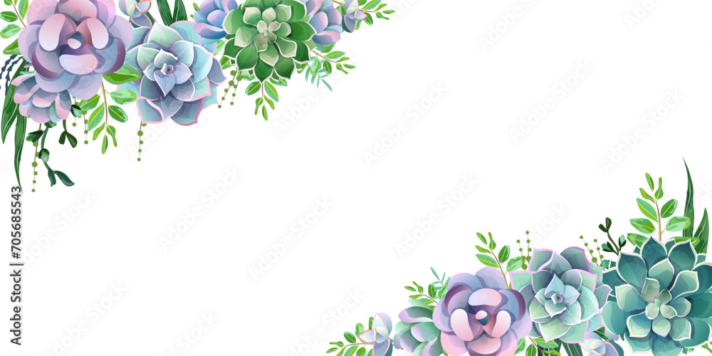 Greenery, succulent and branches frame corner border with copy space on ...