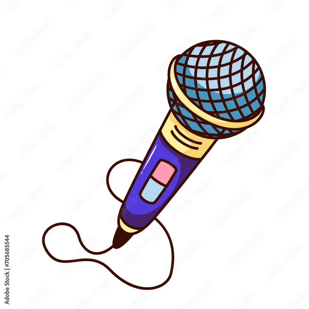 Groovy cartoon microphone with cord. Funny retro mic for hand of ...