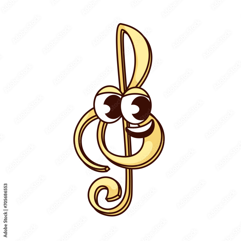 Groovy cartoon treble clef character with funny smile. Retro yellow ...