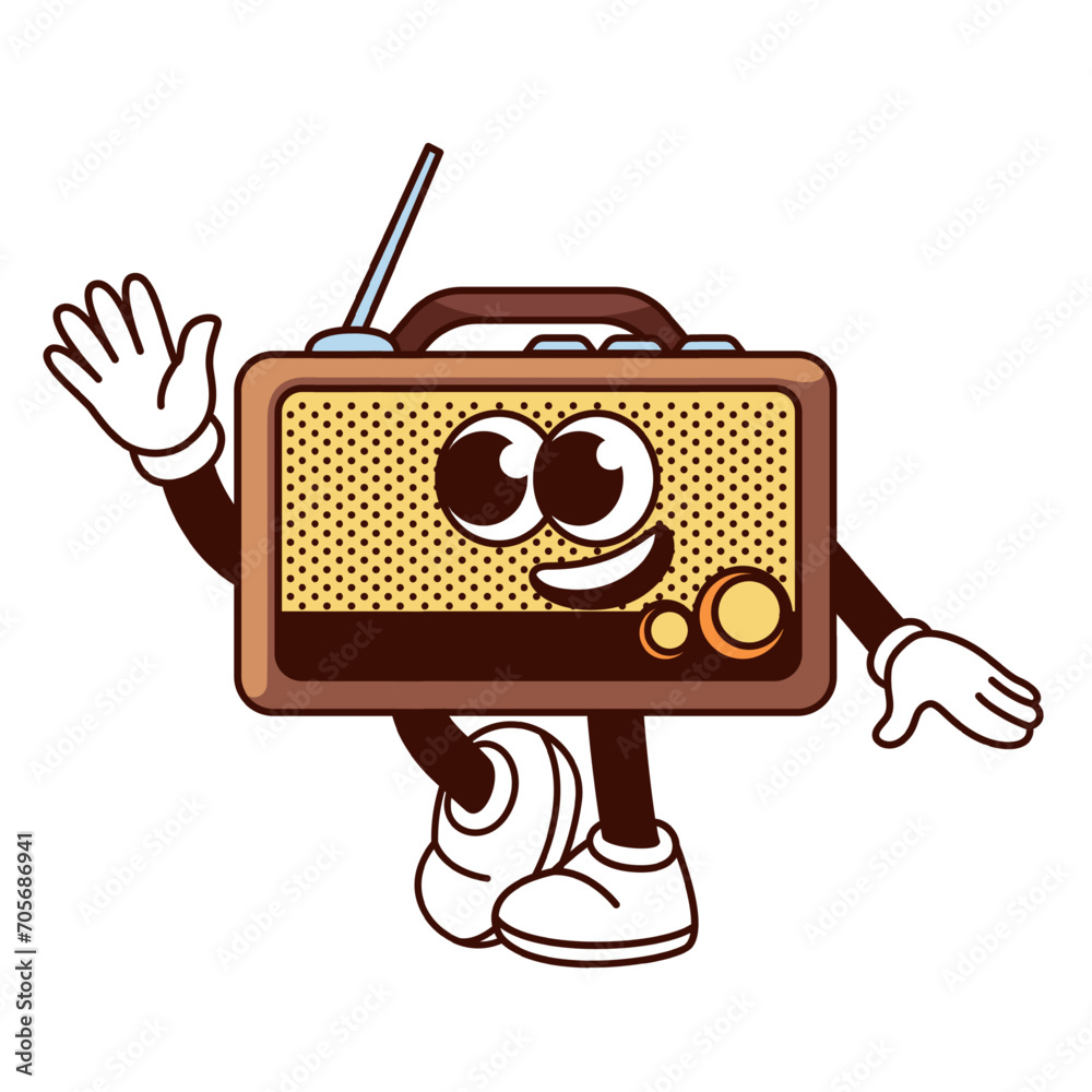 Groovy cartoon retro radio receiver character waving hand. Funny old FM ...