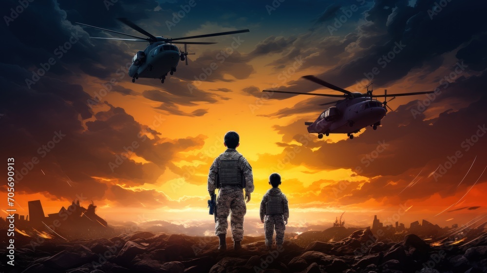 Men and children in the military operations damage area. AI generated ...
