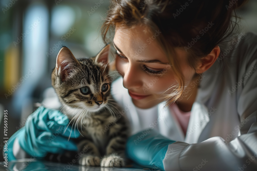 Female veterinarian doctor examining pet kitten in veterinary clinic ...