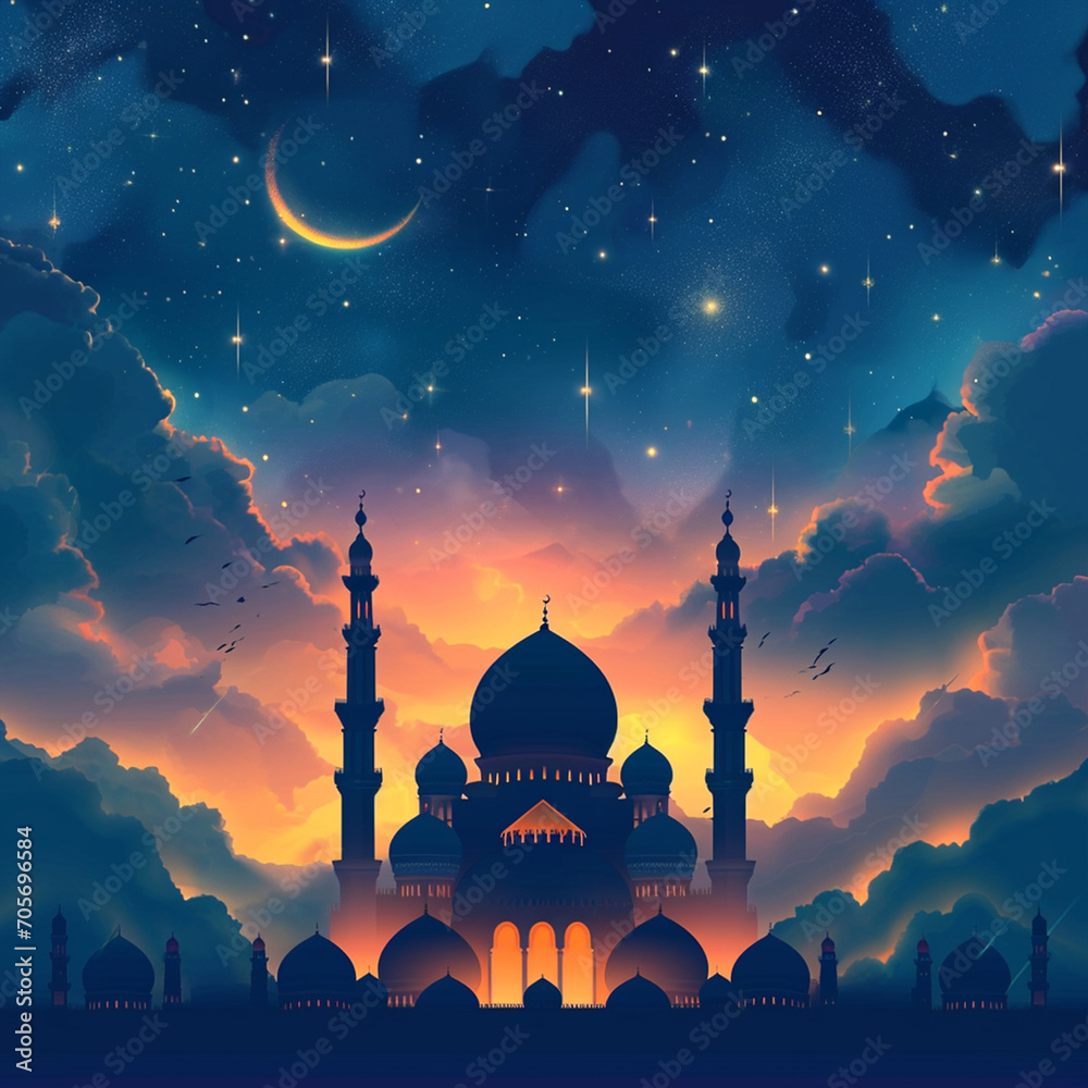 Ramadan background with crescent, stars and glowing clouds above mosque ...