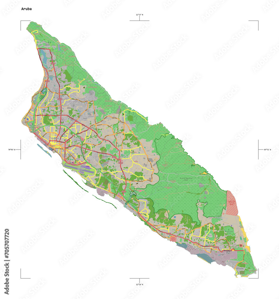 Aruba shape isolated on white. OSM Topographic French style map Stock ...