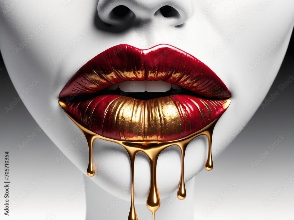 Red and gold puckered lips drippy kiss. AI generated Stock Illustration ...