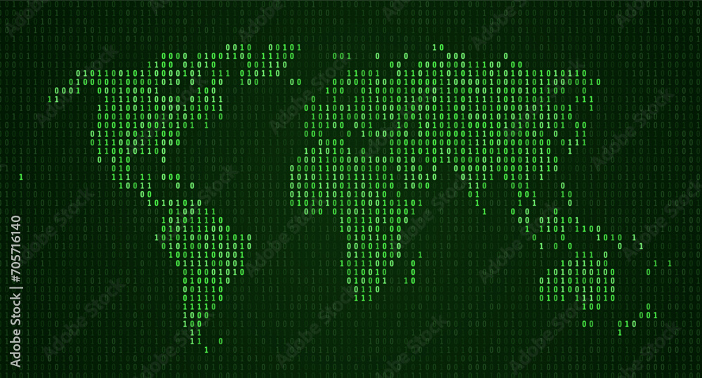 World Map Shown in Binary Code Pattern. Green Matrix numbers, zero, one ...