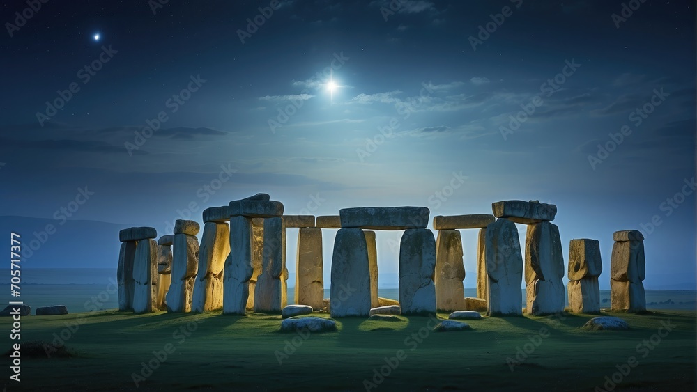 Stonehenge at night with moonlight and stars sky background photo Stock ...