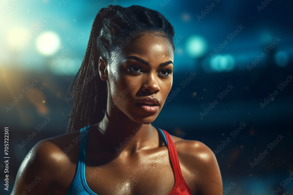 a photo of a female african sprinter athlete on a track sweaty after ...