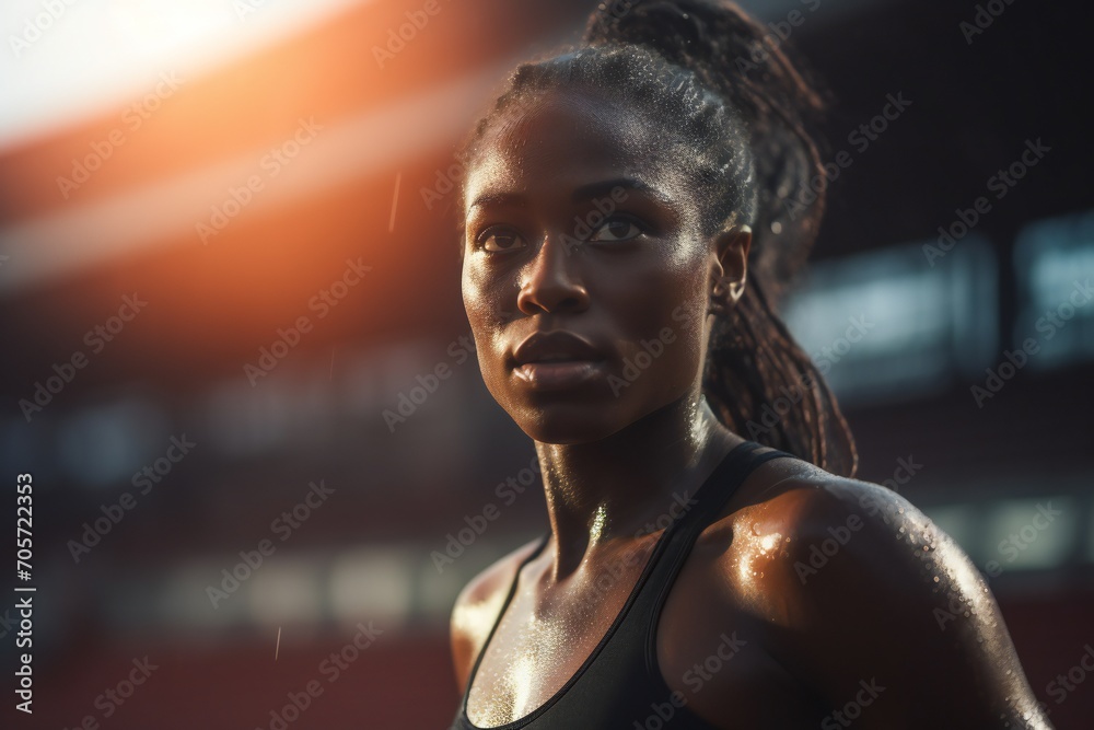 a photo of a female african sprinter athlete on a track sweaty after ...