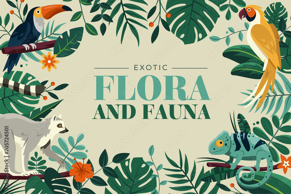 Flat exotic flora and fauna background with wild animals and tropical ...