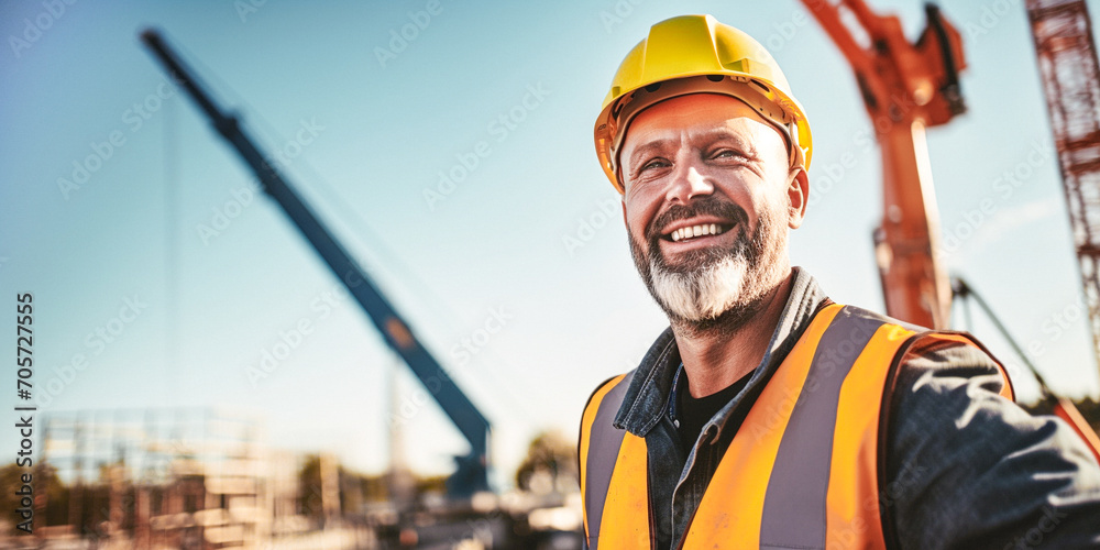 Engineer, builder in uniform wearing a construction helmet at a ...