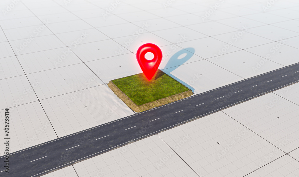 Land for sale and road with location pin icon. Big red map pointer ...