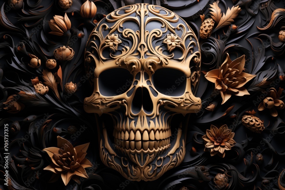 a close up of a skull on a black background with gold leaves and ...