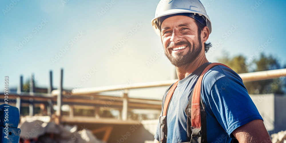 Engineer, builder in uniform wearing a construction helmet at a ...