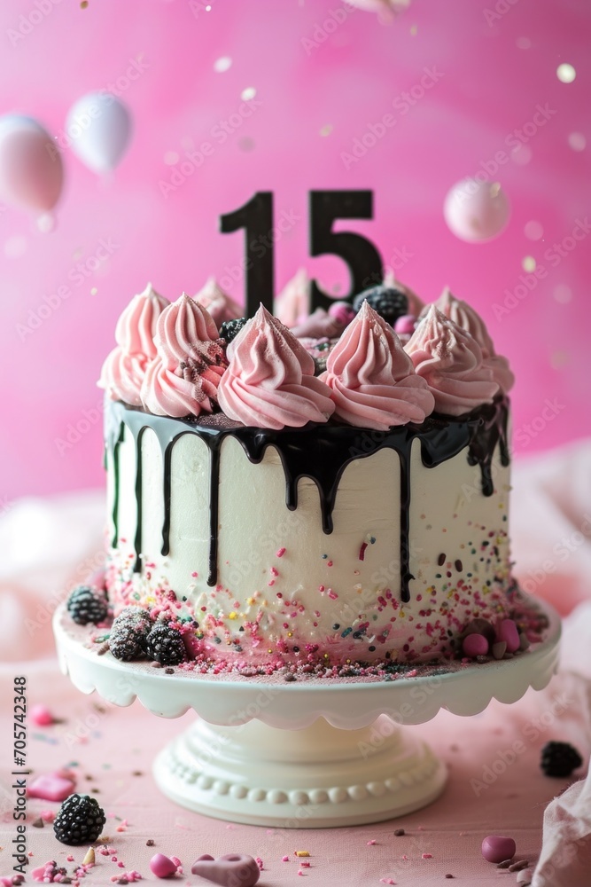 birthday cake with candles on top and number 15, blue background Stock ...