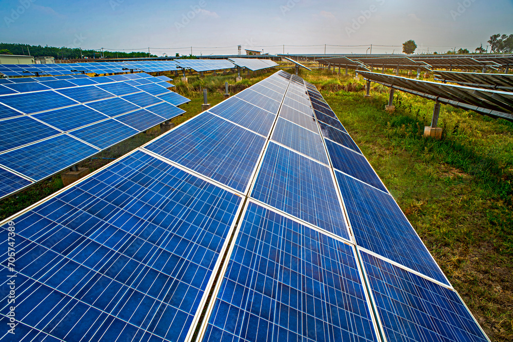 Solar cell farm. Solar panels outdoor on sky background. Solar power ...