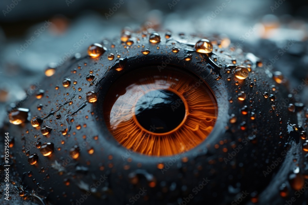 a close up of an orange eyeball with drops of water on the outside of ...