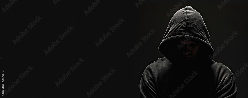 Veiled in shadows. Mysterious figure shrouded in darkness wearing hood and faceless mask ...