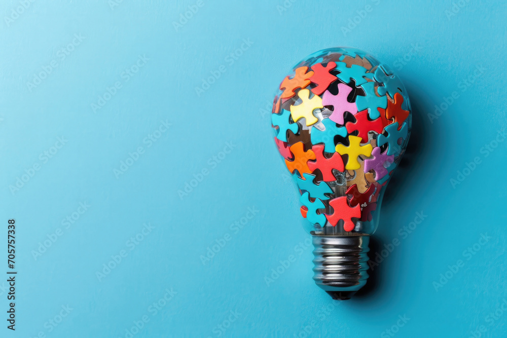 A light bulb made up of coloured puzzle pieces on a coloured background ...