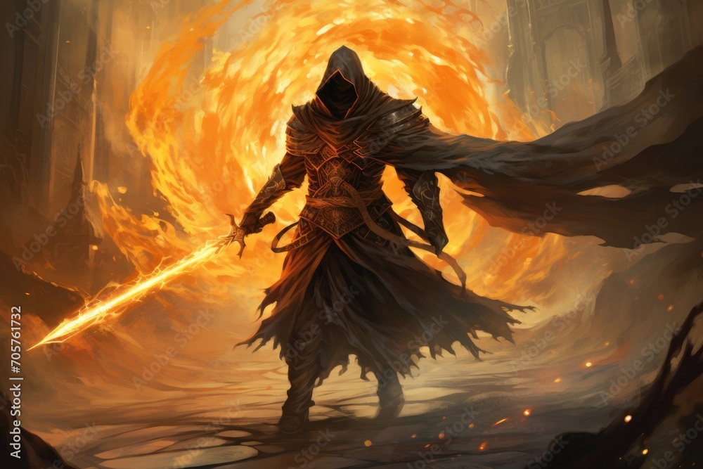 Fantasy scene with a fantasy warrior with a sword in fire, Encounter ...