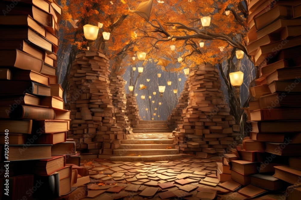 Halloween background with old books and falling leaves. 3d rendering ...