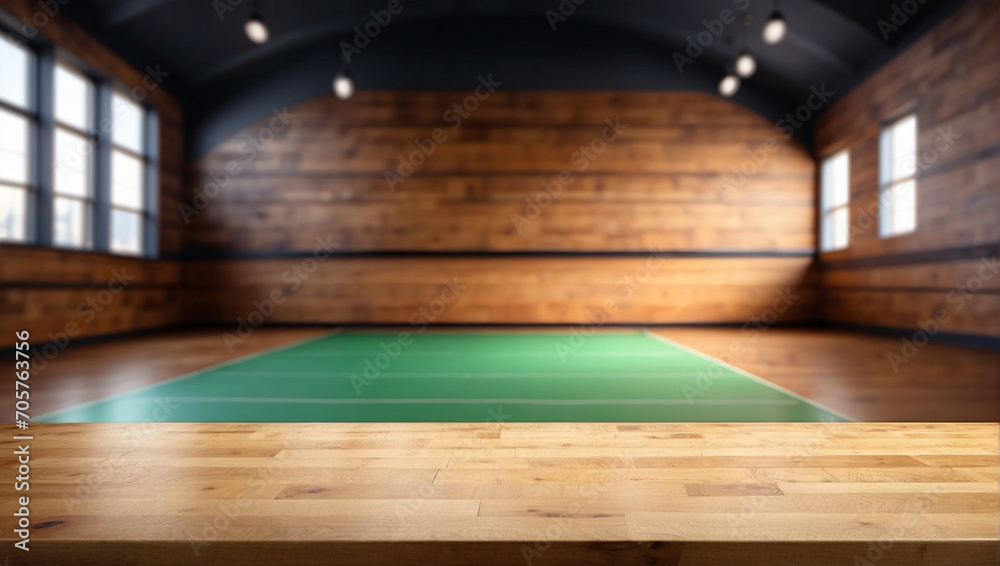 empty wooden table for product presentation with blurry basketball ...
