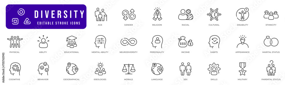 Diversity line icon pictogram set illustration. Age, gender, racial ...