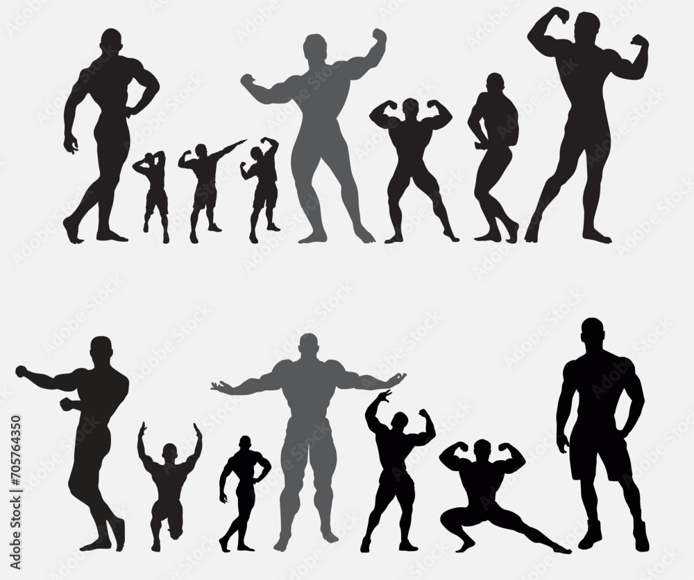 Muscular bodybuilder vector silhouette illustration isolated on white background. Sport man ...