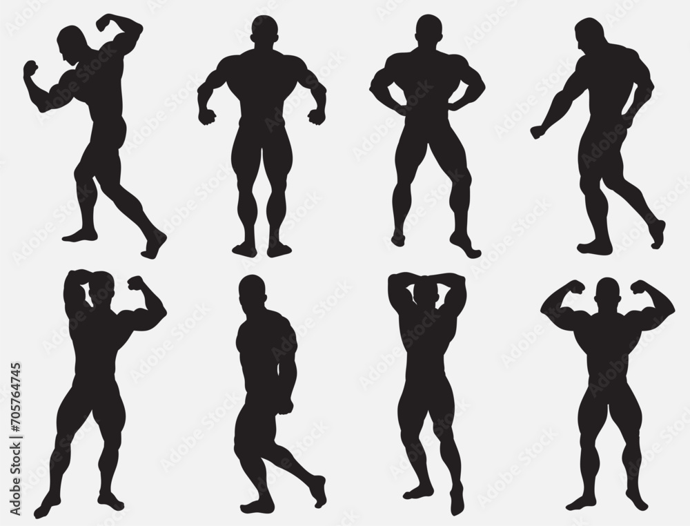 Muscular bodybuilder vector silhouette illustration isolated on white background. Sport man ...