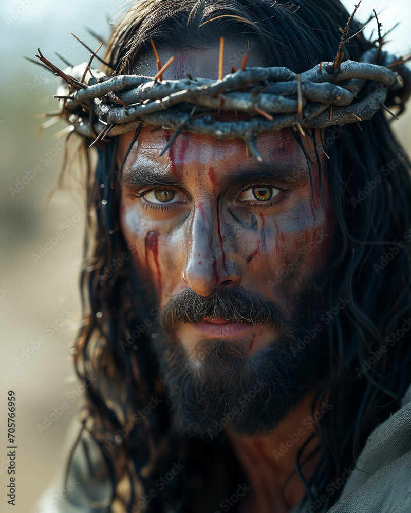 Jesus Christ wearing a crown of thorns with blood on his face. The ...
