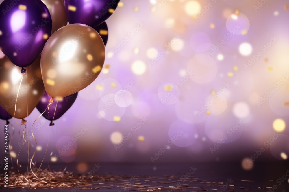 a bunch of balloons floating in the air with gold and purple confetti ...