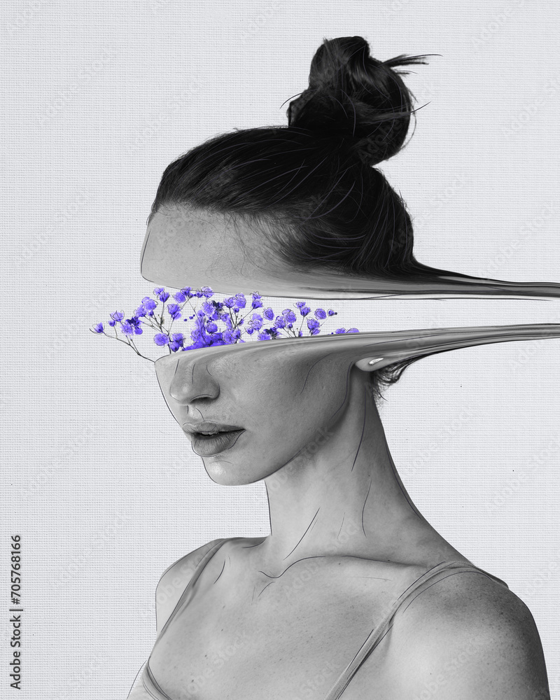 Contemporary art collage. Young woman in monochrome filter with violet ...