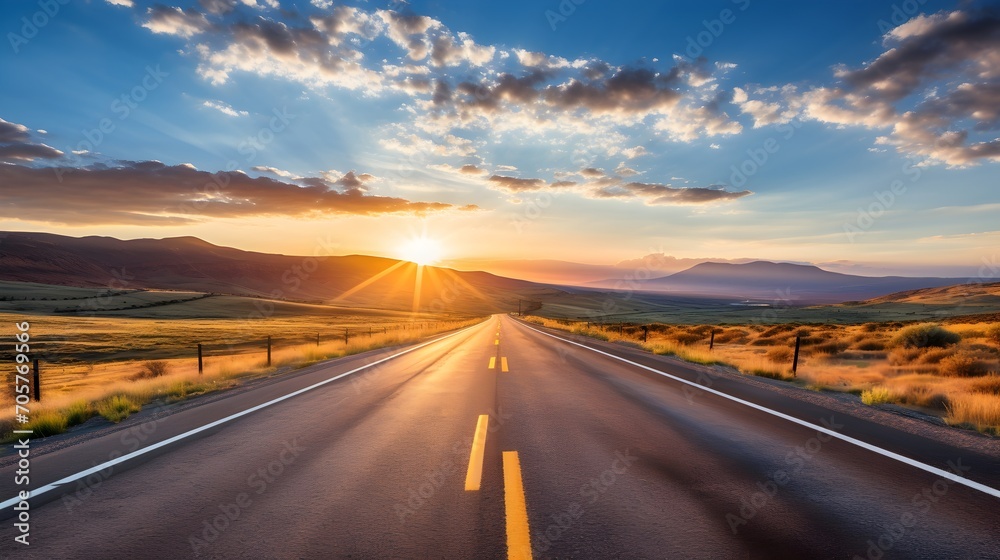 Open Road Disappearing into the Horizon, Sun and Sky, Endless Journey ...