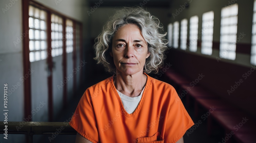Middle aged woman in prison uniform sits behind bars in dark prison for ...