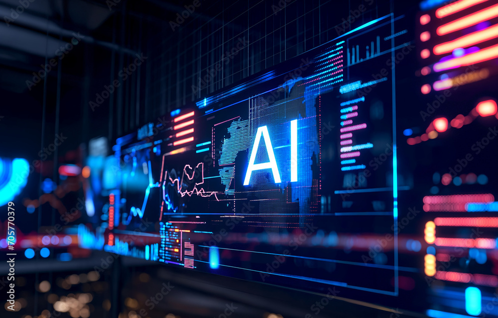 office futuristic computer hologram with charts "AI" logo, workplace ...