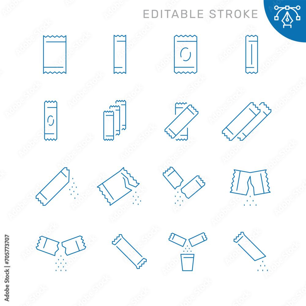 Vector line set of icons related with sachet. Contains monochrome icons ...