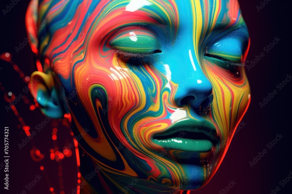 a woman's face with a multicolored face paint job on it's face and a ...