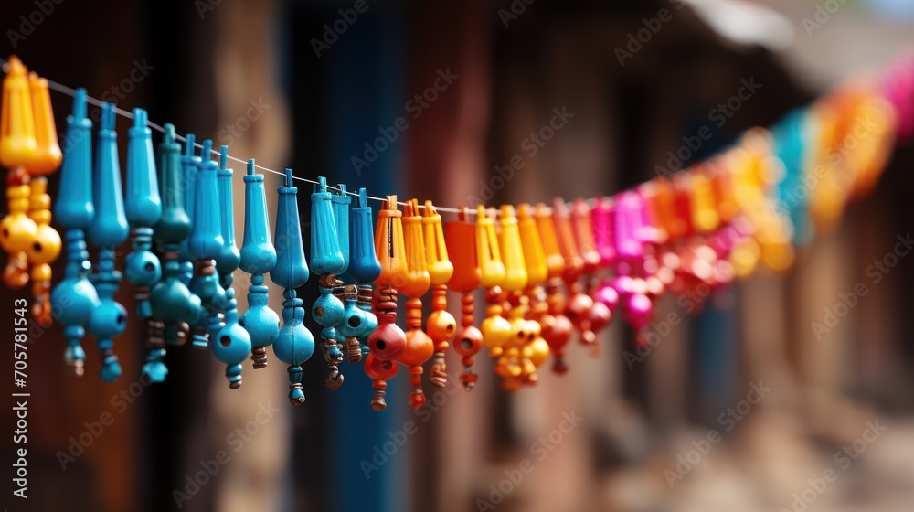 a line of colorful beads hanging from a line of wooden poles in front ...