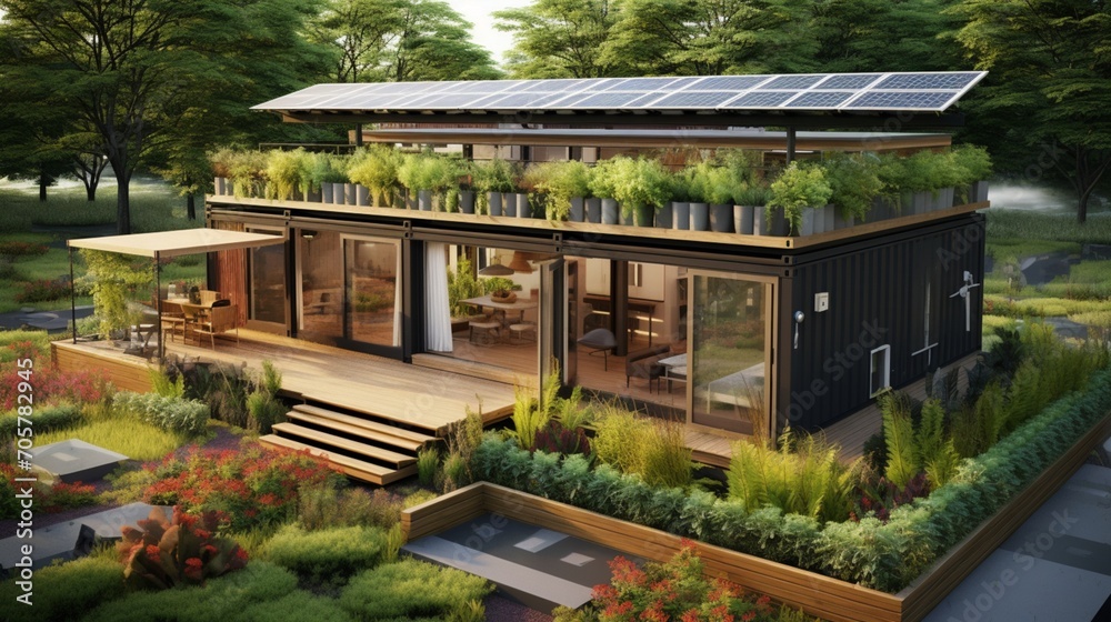 An energy-efficient container home with a green roof, solar panels, and ...