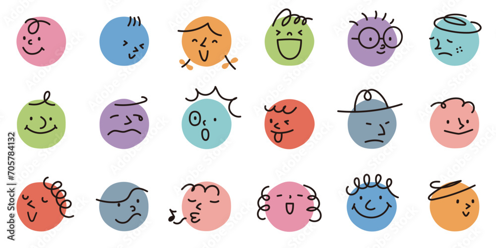 丸の上に描かれた、いろいろな色と表情の抽象的な顔のベクターイラスト Векторный объект Stock | Adobe Stock